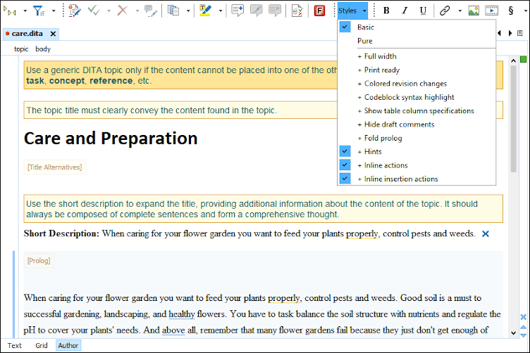 Changing the Look of DITA Documents in Author Mode Using the Styles Menu